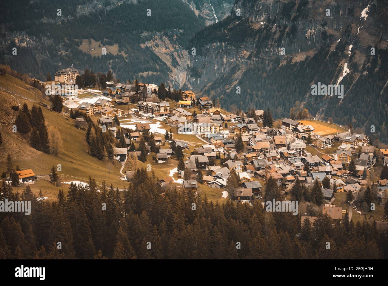 Landscape Scenery Aerial View Over The Village of Murren City From ...