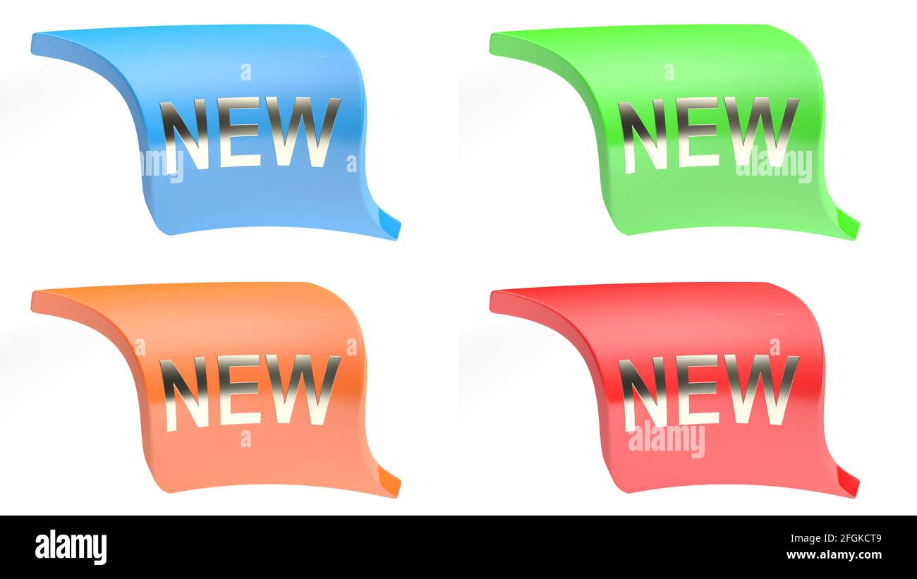 Colorful icon series with the write NEW, isolated on white background ...