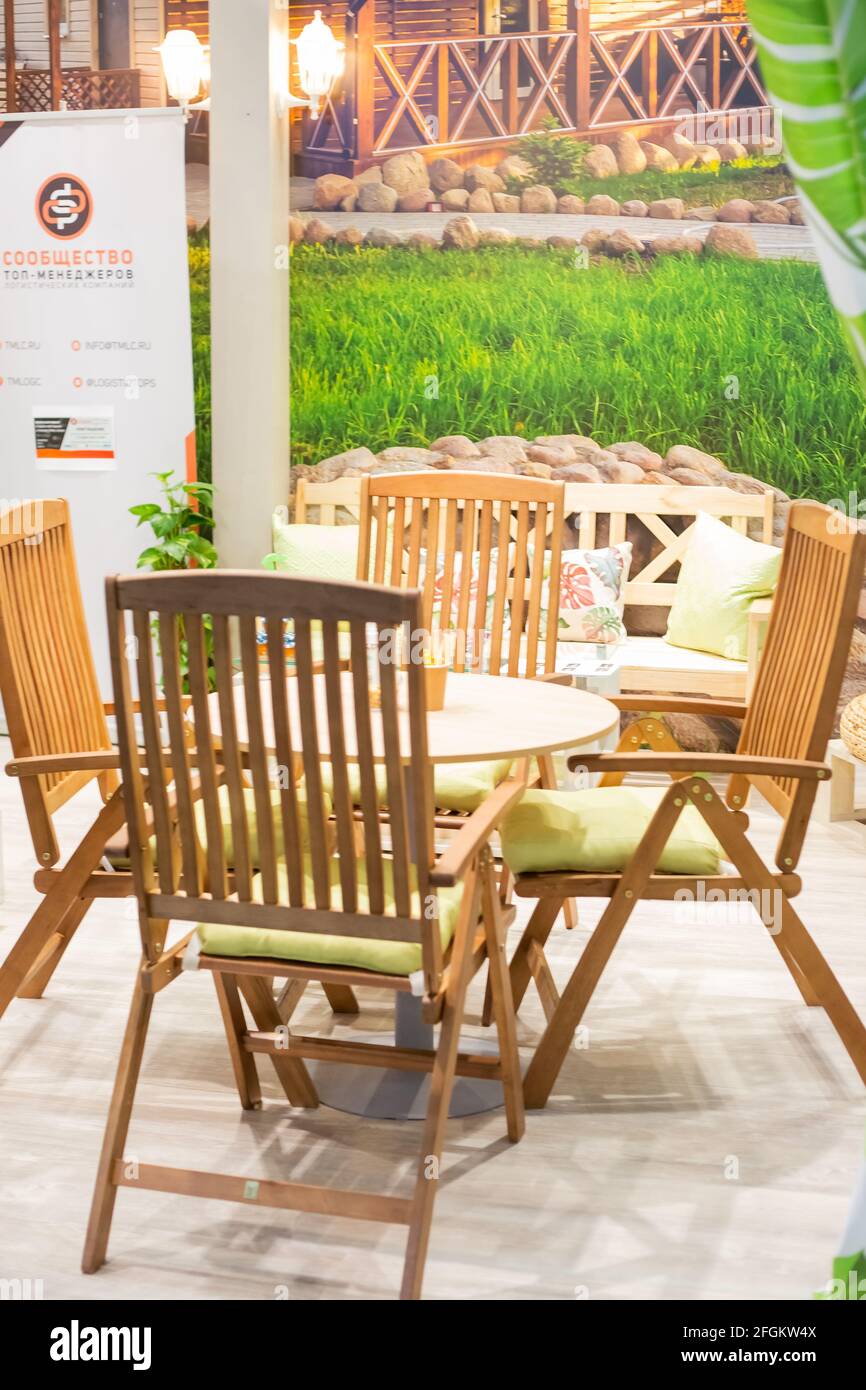 Moscow, Russia - 14 april 2021 : Tables and chairs for visitors of the ...