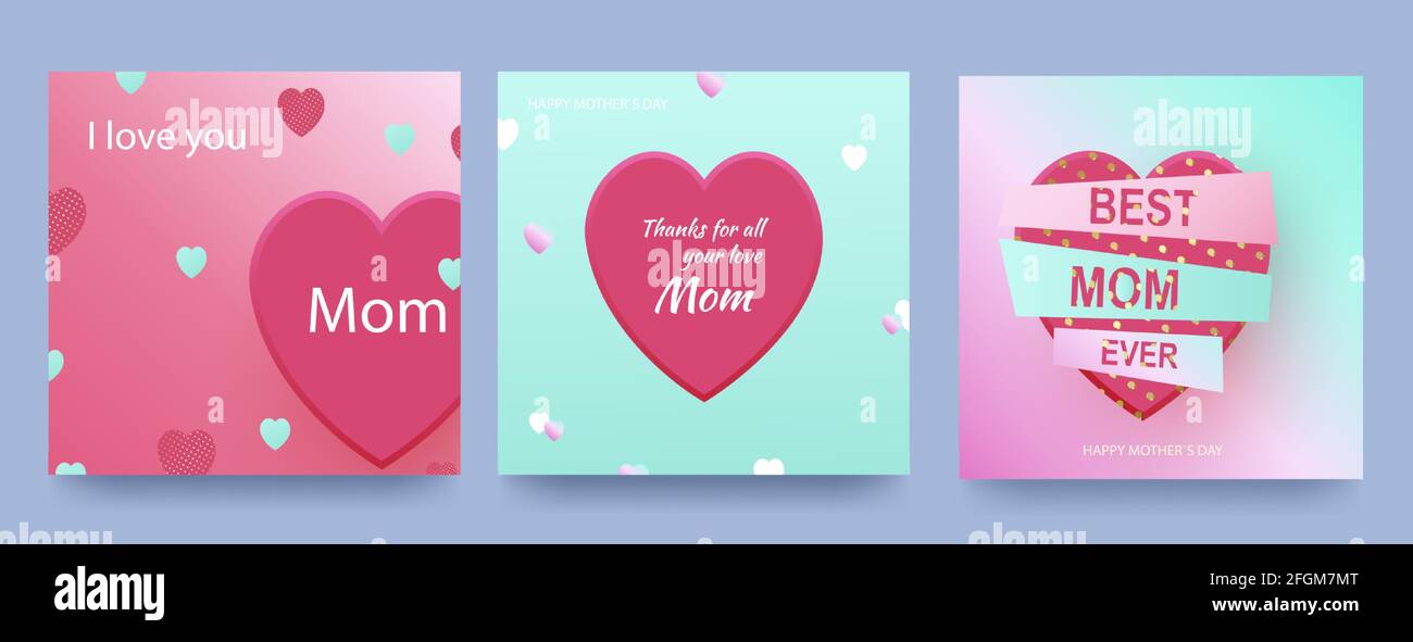 Set of cards for Mother s Day with pink hearts on a gradient background ...