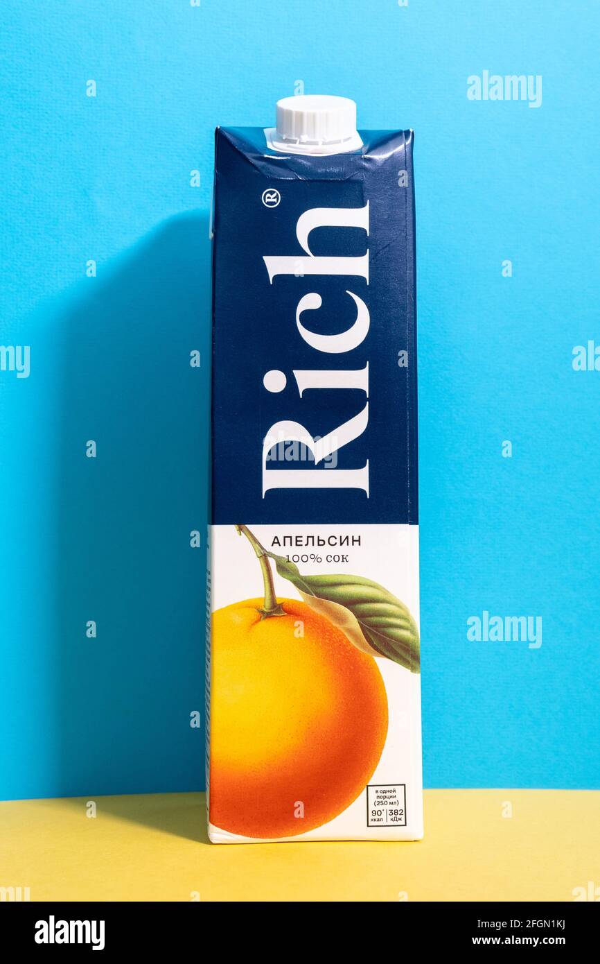 Tyumen, Russia-april 17, 2021: rich orange juice logo close-up. Coca ...