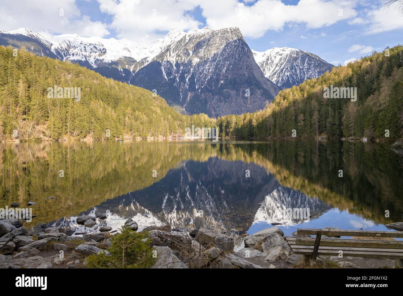 Wonderful reflections at the Piburger See, Otztal, Tirol Stock Photo ...