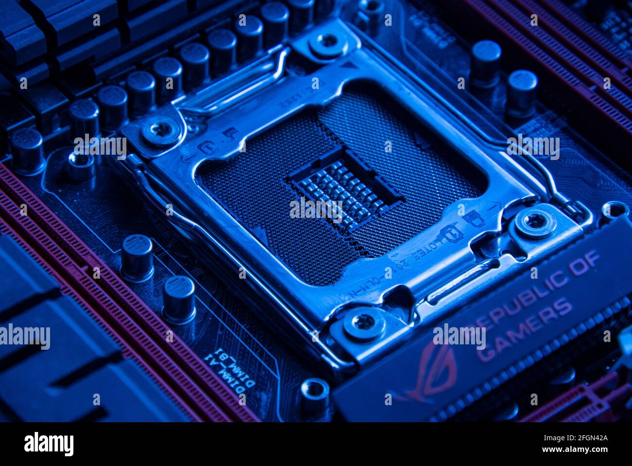 LOS ANGELES, USA 25 APRIL 2021: Detail of a Cpu socket in a motherboard ...