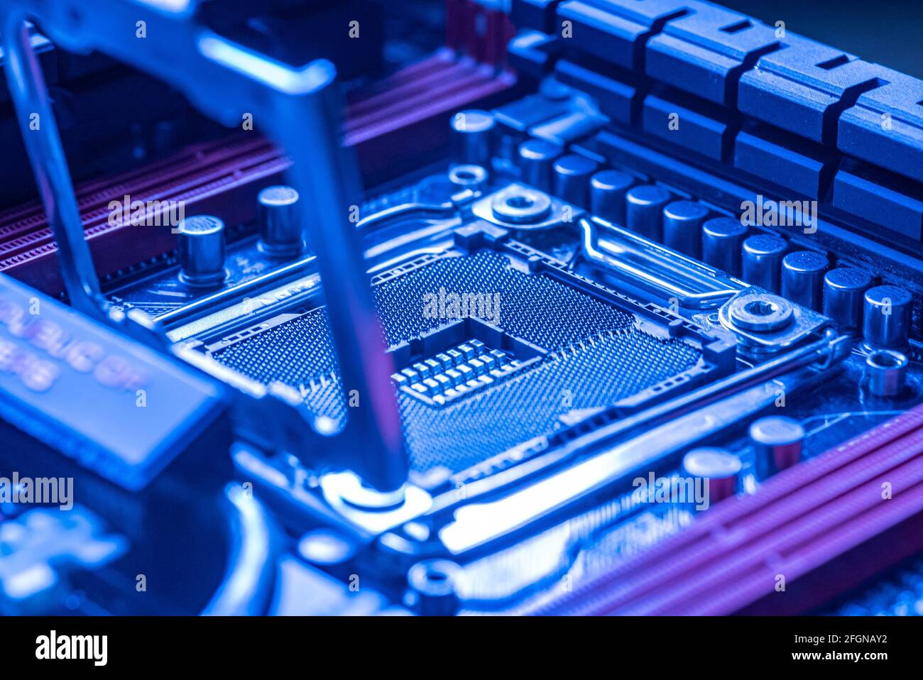 LOS ANGELES, USA 25 APRIL 2021: Detail of a Cpu socket in a motherboard ...