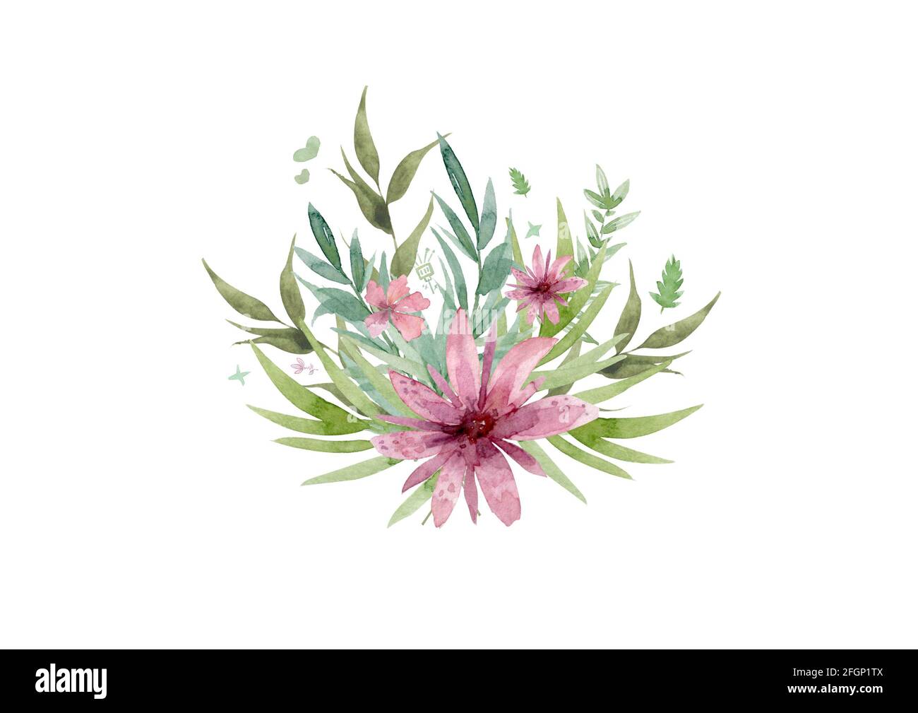 Bouquet watercolor red flowers and green leaves. Design frolar banner ...