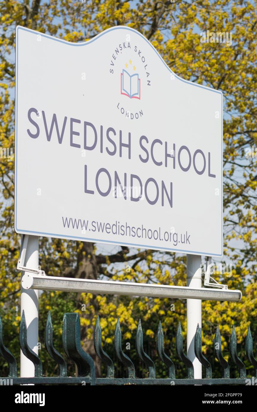 School signage outside the Swedish School, Barnes, London, UK Stock ...