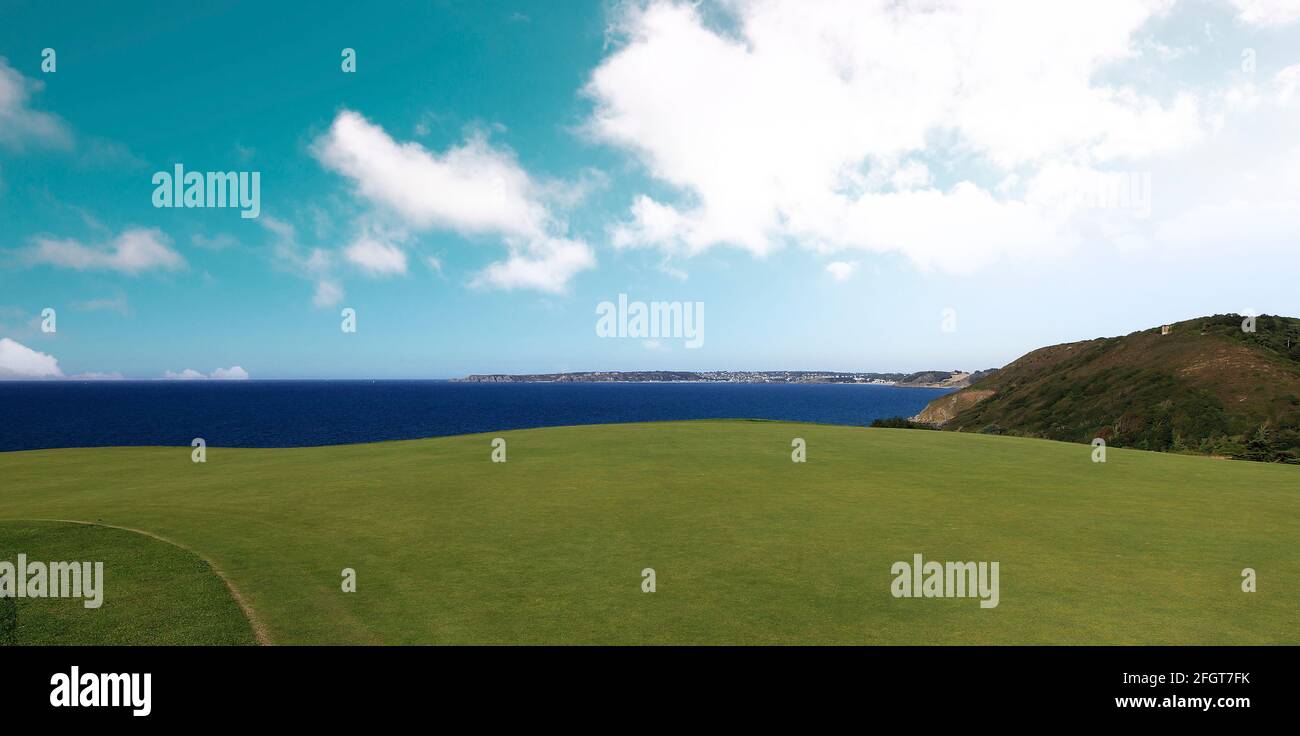 Pleneuf Val Andre Golf course, Bretagne, France, in the background, the ...