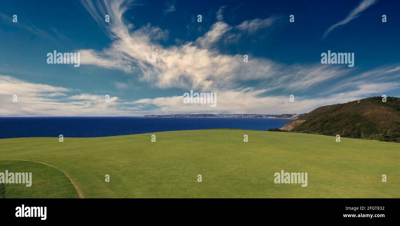 Pleneuf Val Andre Golf course, Bretagne, France, in the background, the ...