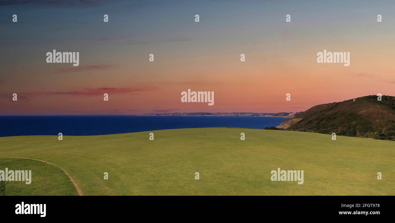 Pleneuf Val Andre Golf course, Bretagne, France, in the background, the ...