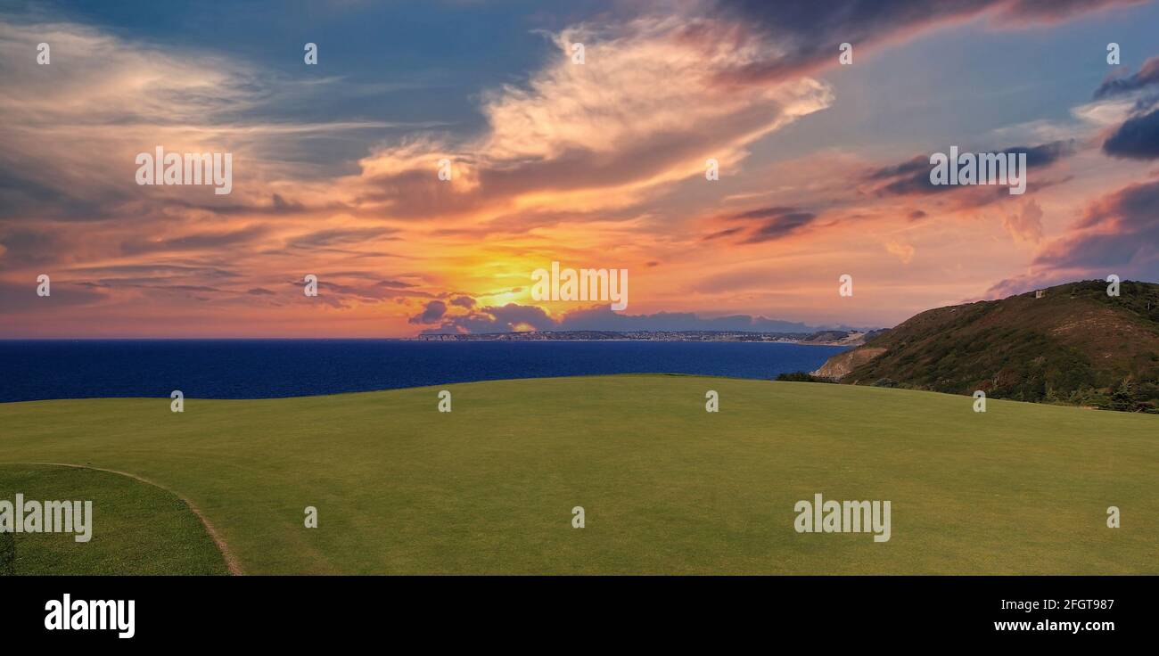 Pleneuf Val Andre Golf course, Bretagne, France, in the background, the ...