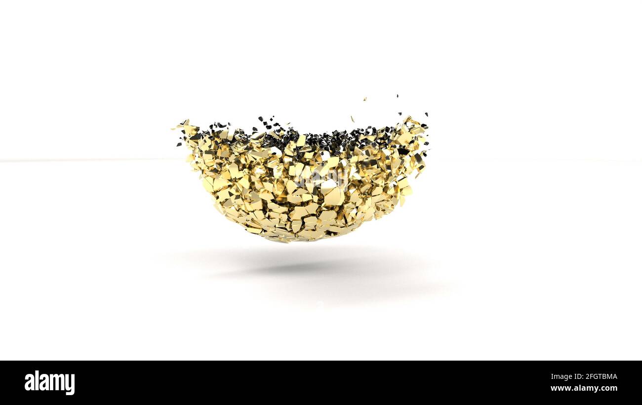 Gold and black sphere colliding to form gold blast shards 3d render ...