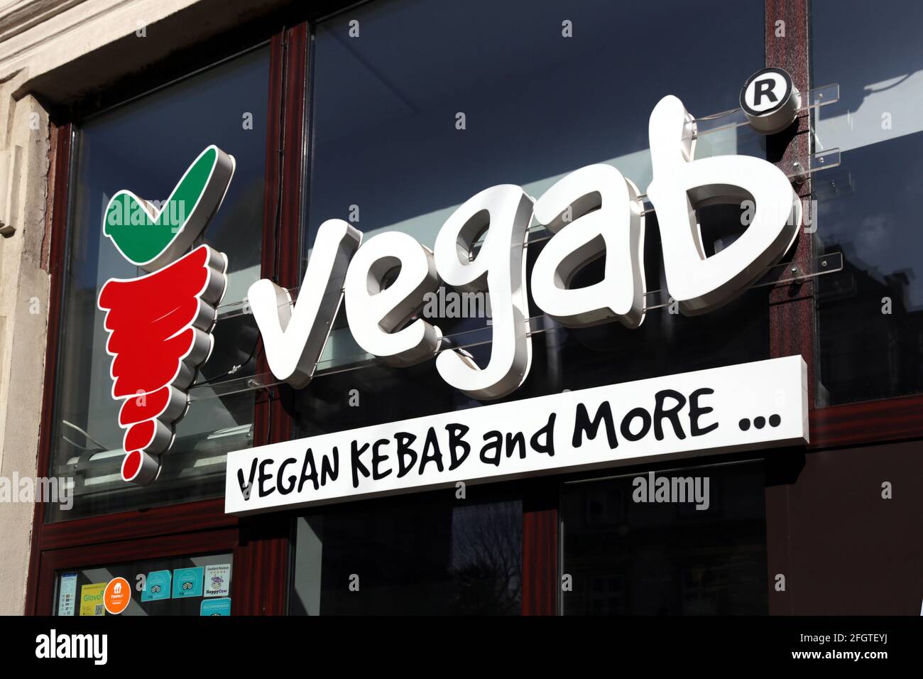 Cracow. Krakow. Poland. "Vegab" logo on the facade of the fast food ...