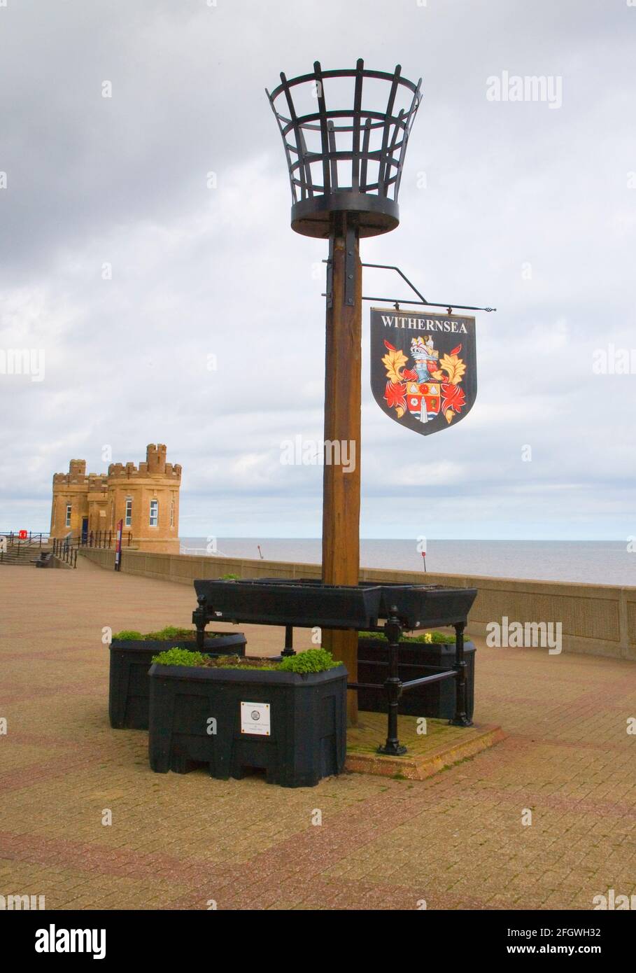 sign and beacon at withernsea on the yorkshire coast Stock Photo - Alamy