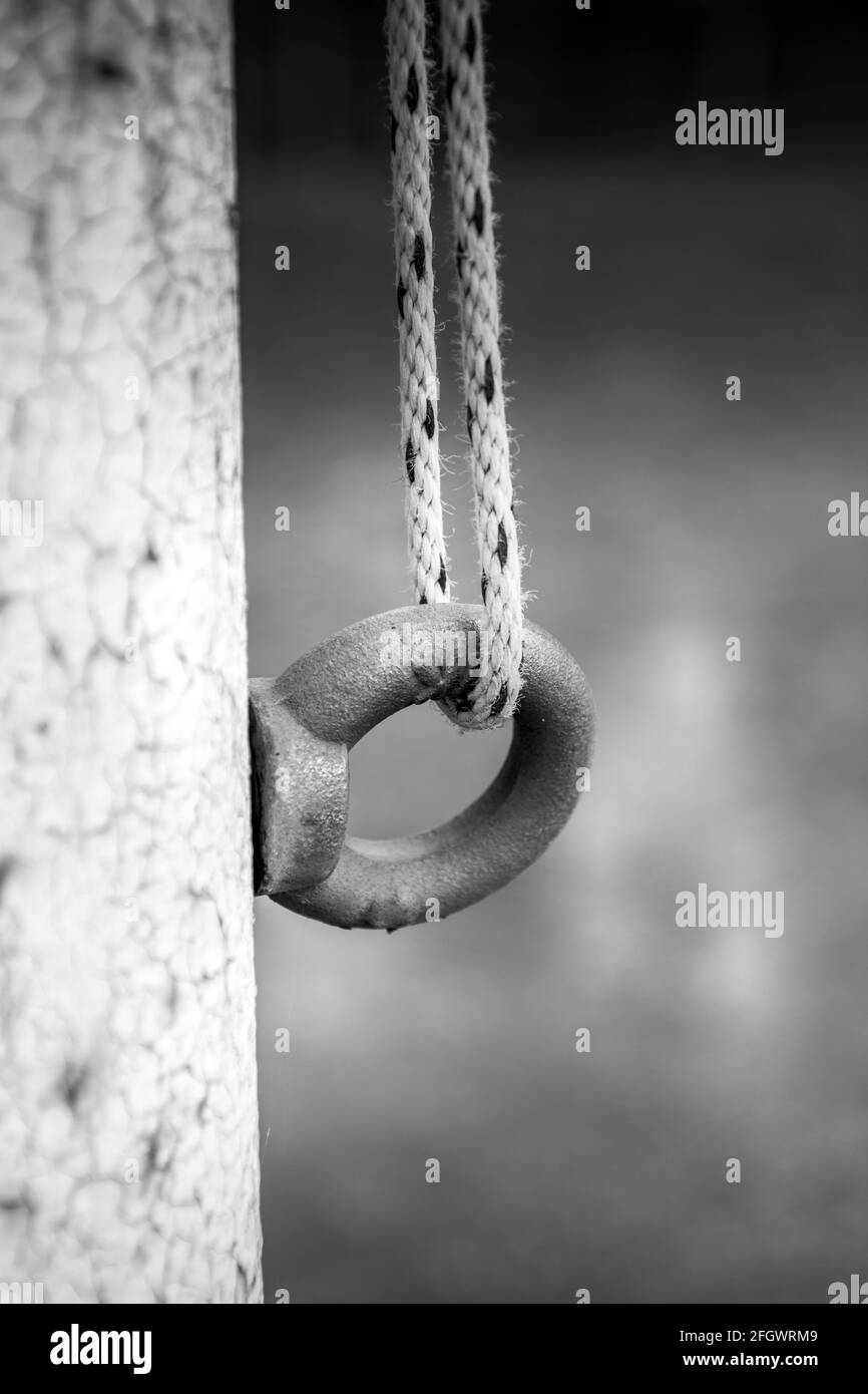 A vertical grayscale of a metal hook with a rope Stock Photo - Alamy