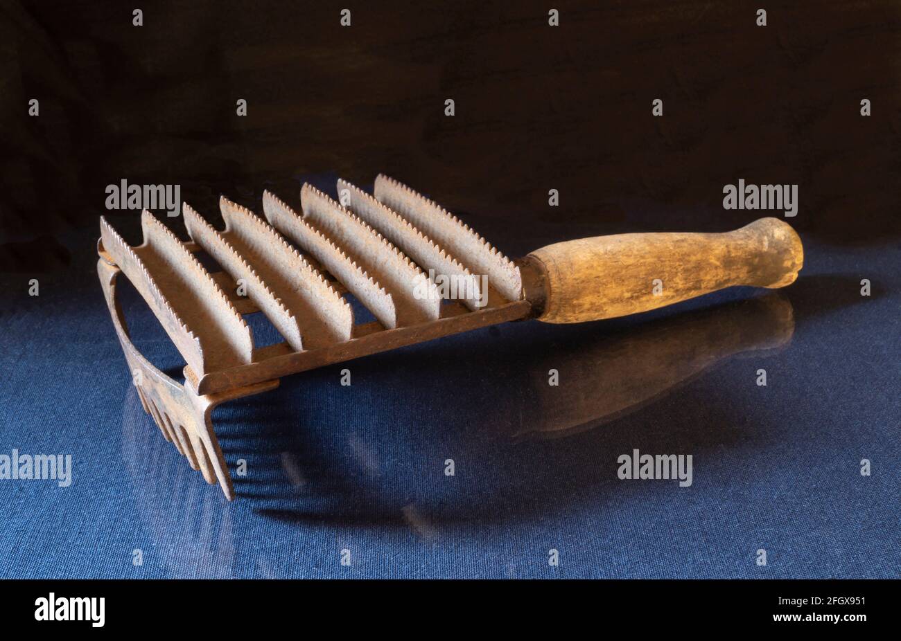 An old animal comb on the table with a reflection. Iron tool with ...