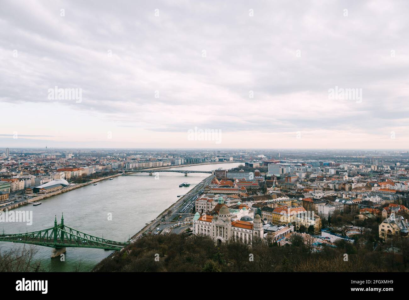 Aerial view of old buildings and bridges on the waterfront in Budapest ...