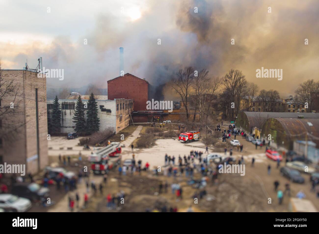 Massive large blaze fire in the city, aerial drone top view brick ...