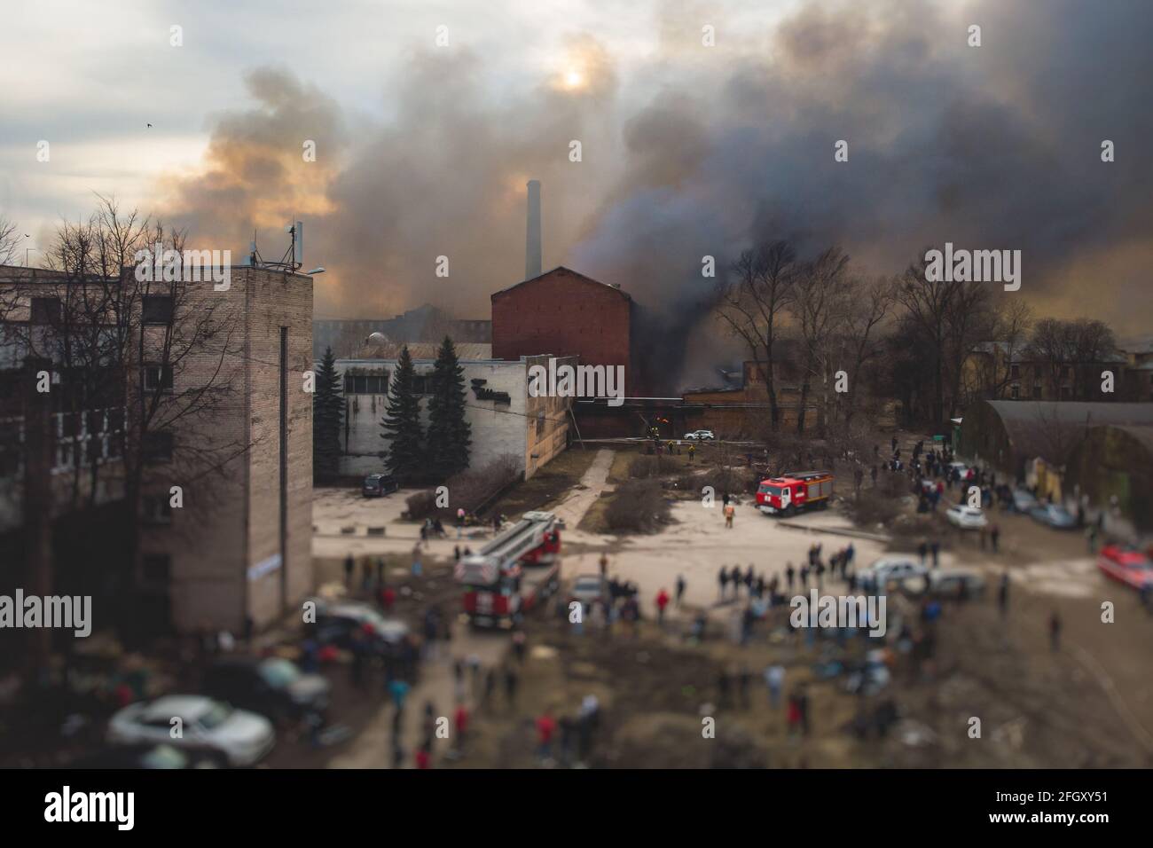 Massive large blaze fire in the city, aerial drone top view brick ...