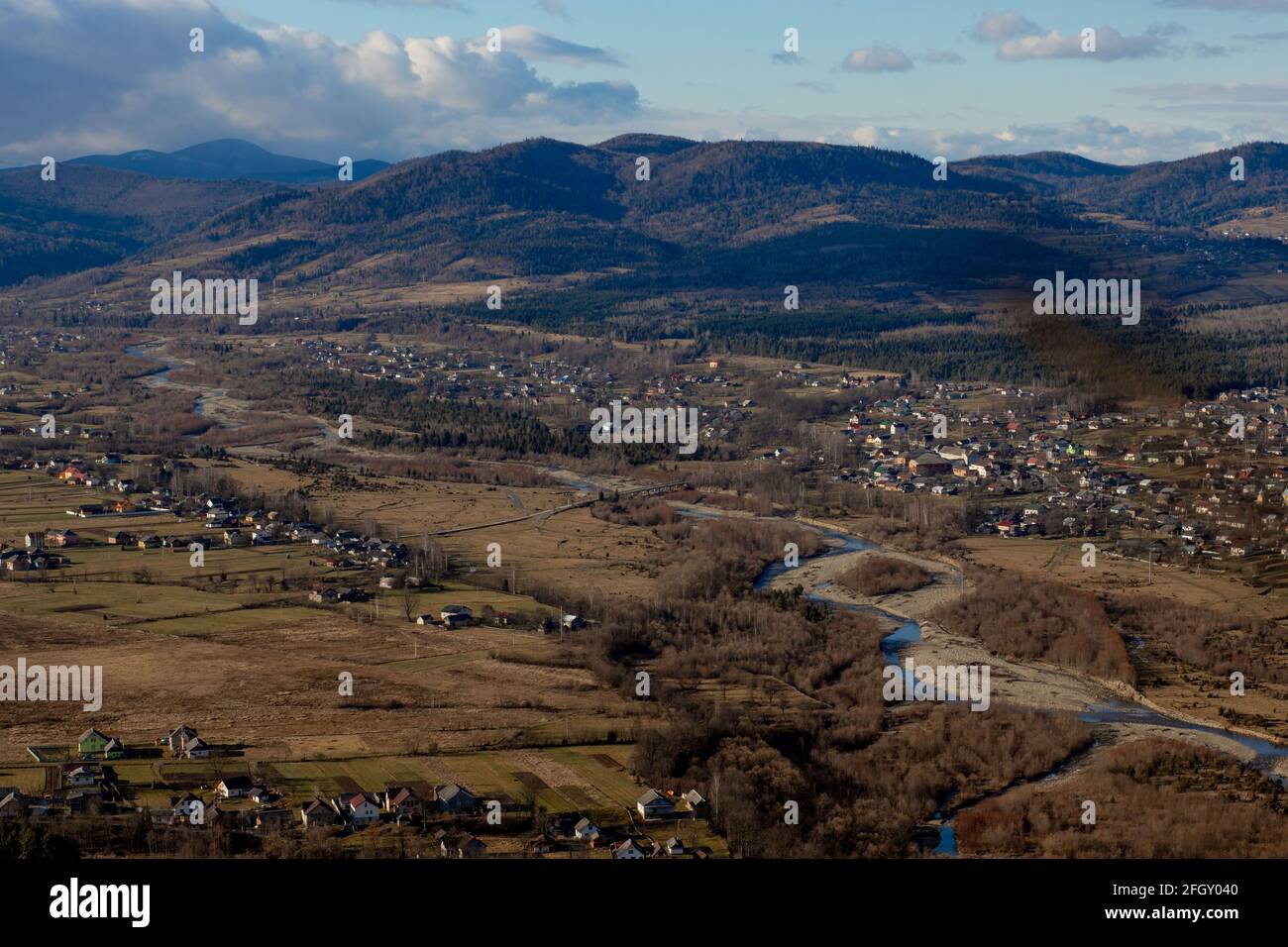 Idyllic rural view of gently rolling patchwork farmland and villages ...