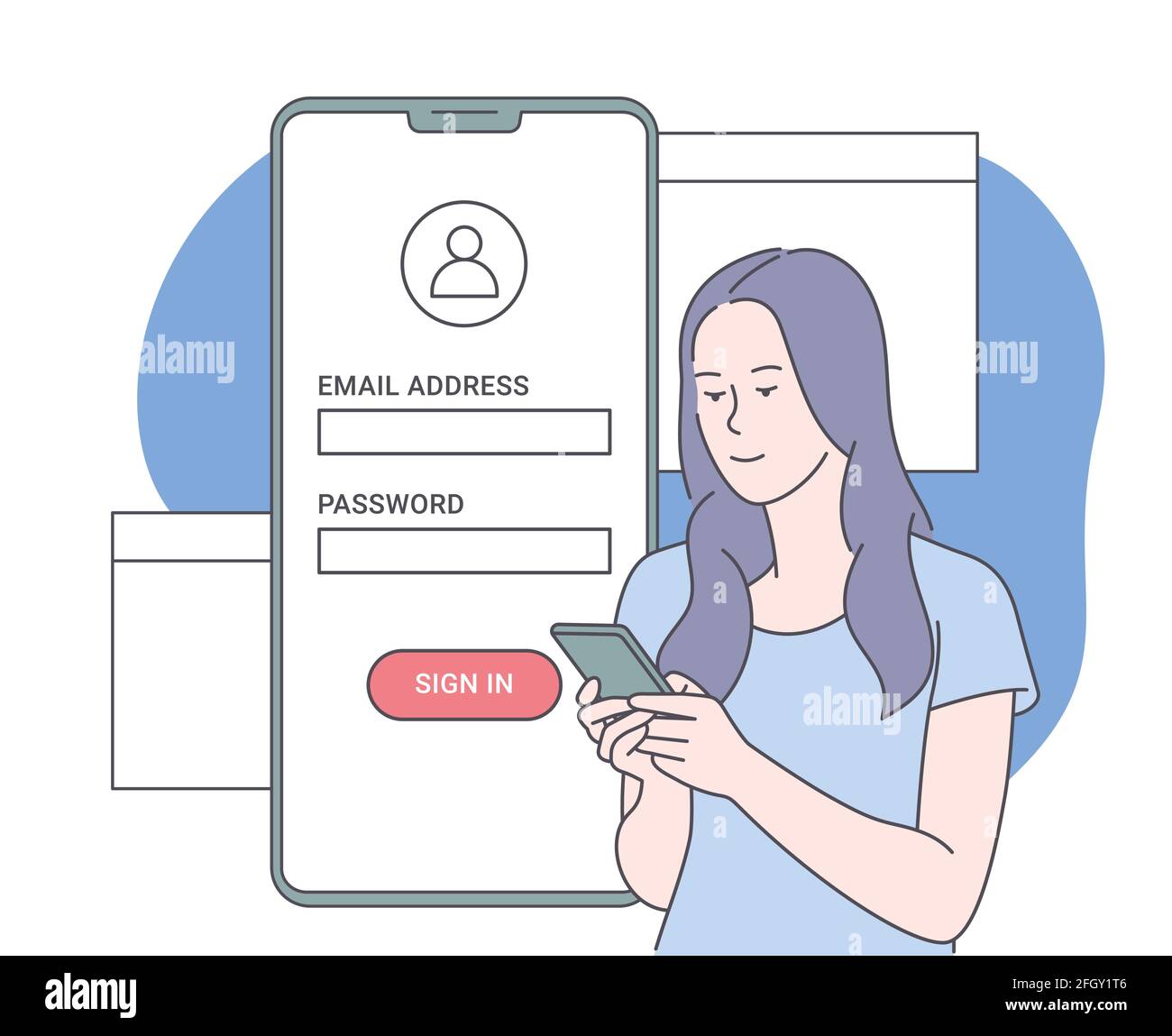 Online registration and sign up concept. Young woman signing up or ...