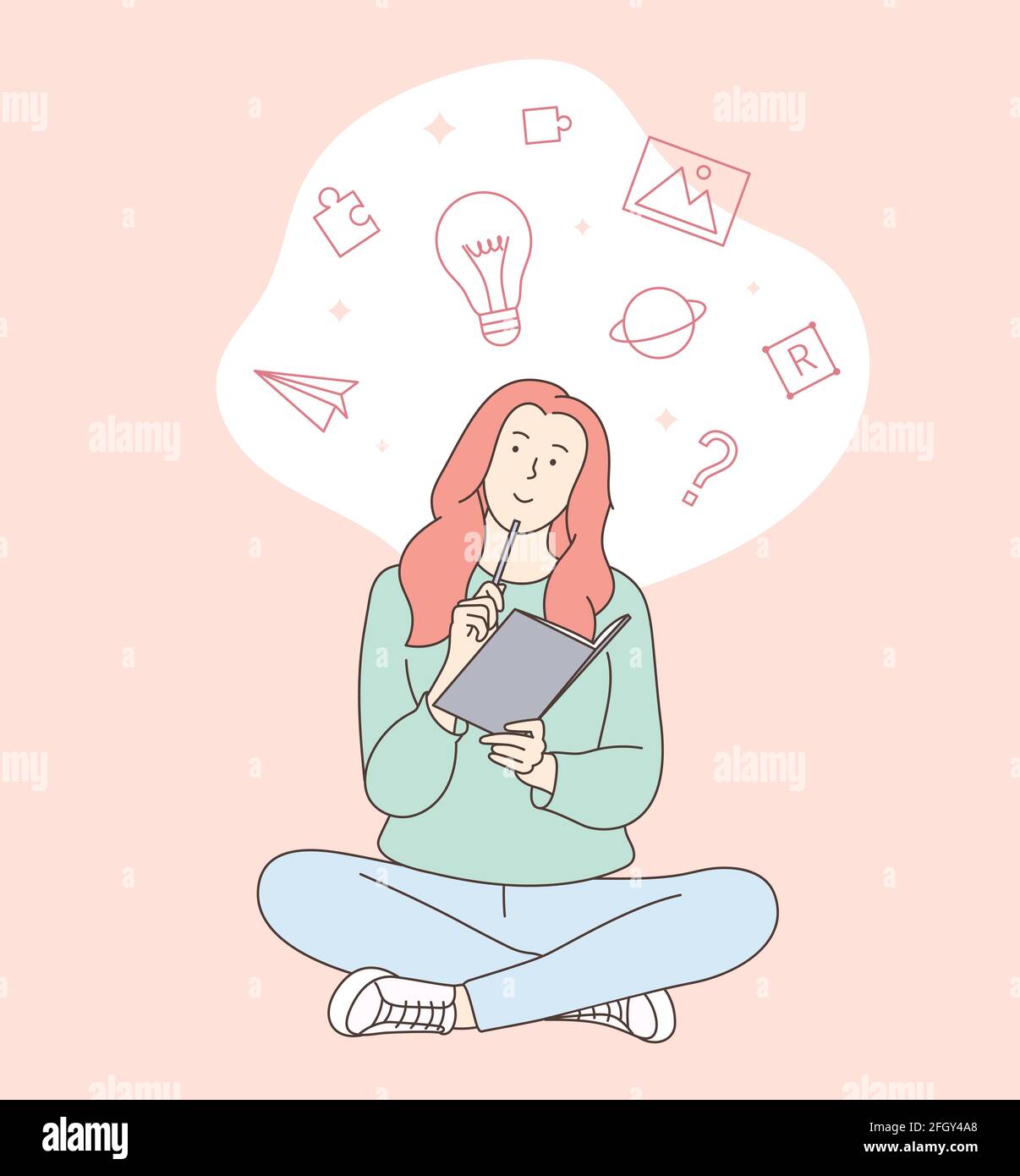 Creative Professions concept. Girl sitting in lotus pose. Thought ...