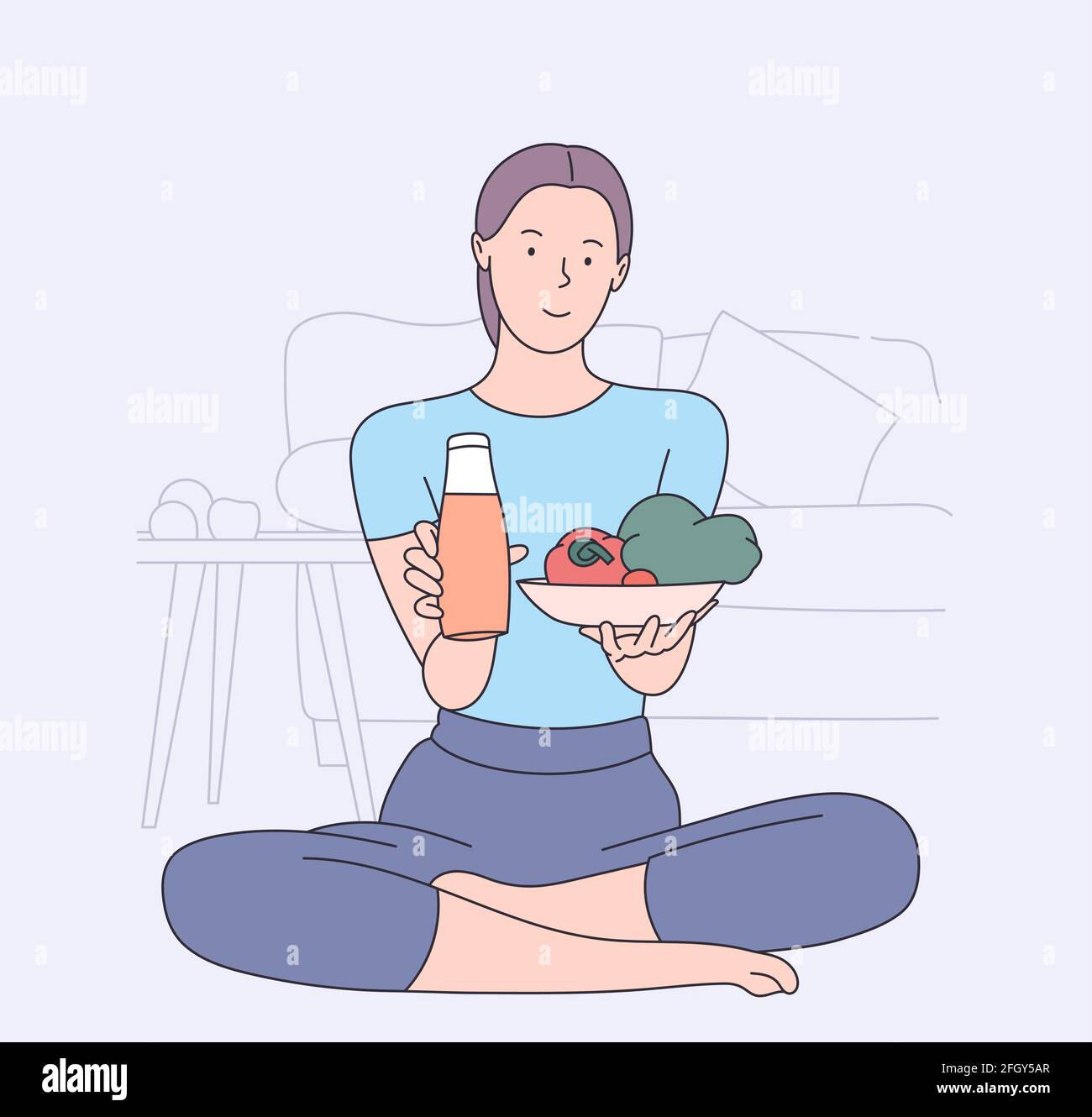 Health, vegan, food, cooking concept. Young Woman cartoon character ...