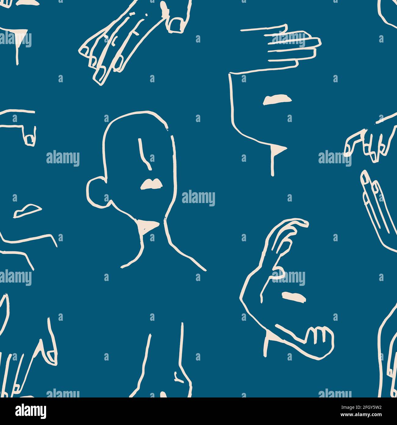 Vector line art portrait seamless pattern with faces and hands in blue ...