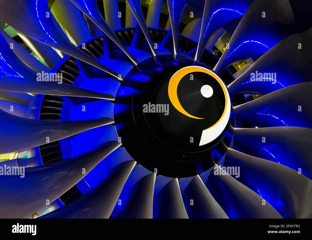 Turbine Blades. Close-up of a large jet engine turbine blades Stock ...