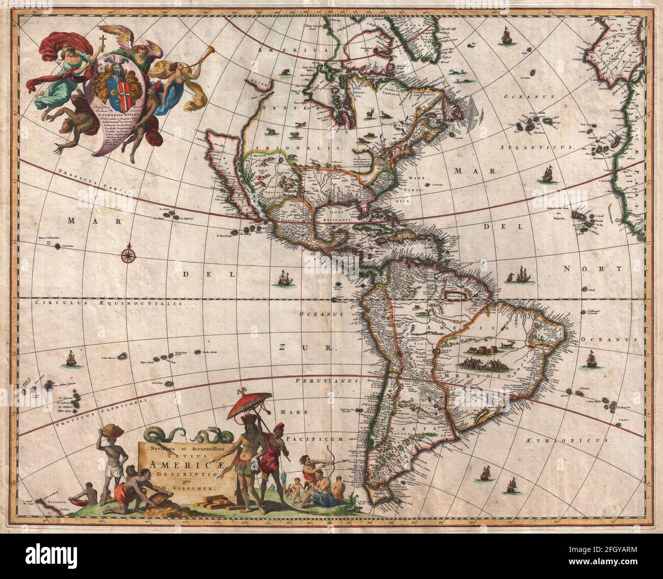 Vintage hand drawn Visscher's map of Americas from 17th century. All ...