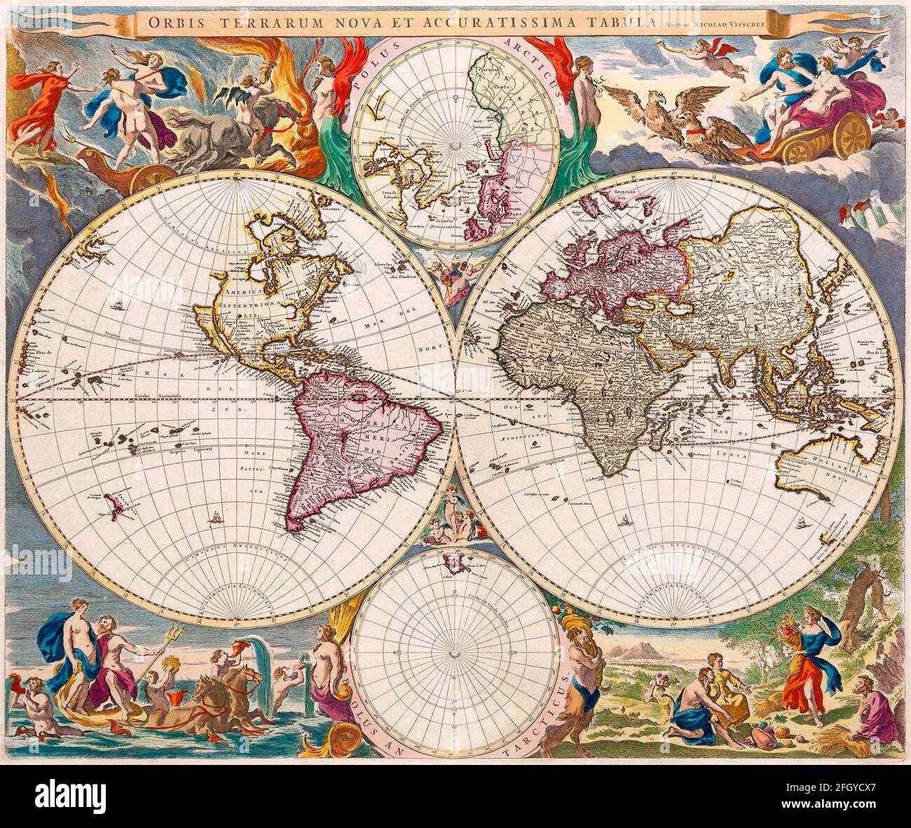 Vintage hand drawn Visscher's map of the World from 17th century. All ...