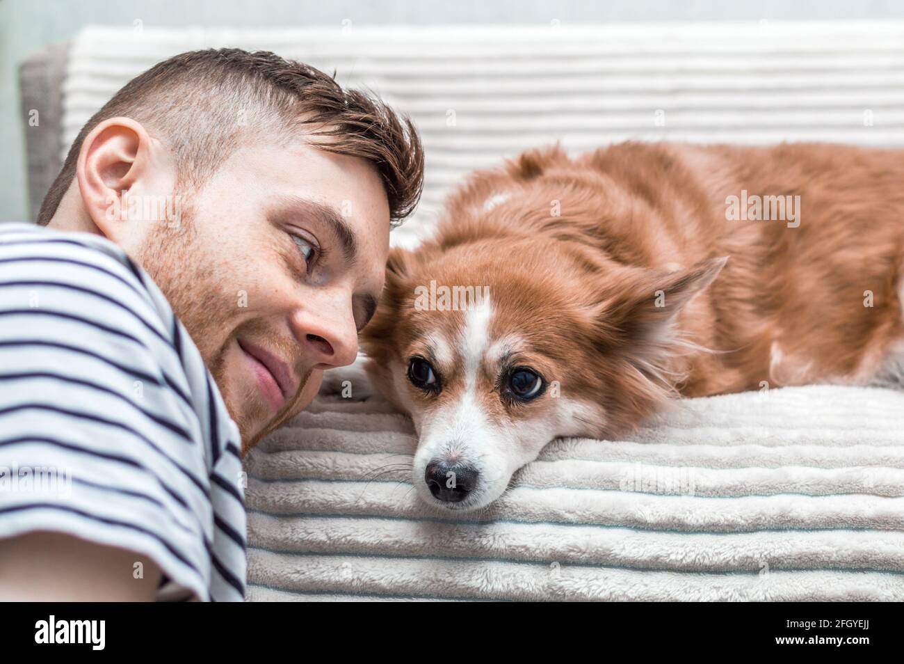 Young guy and dog. Closeup portrait. Red dog and red man Stock Photo ...