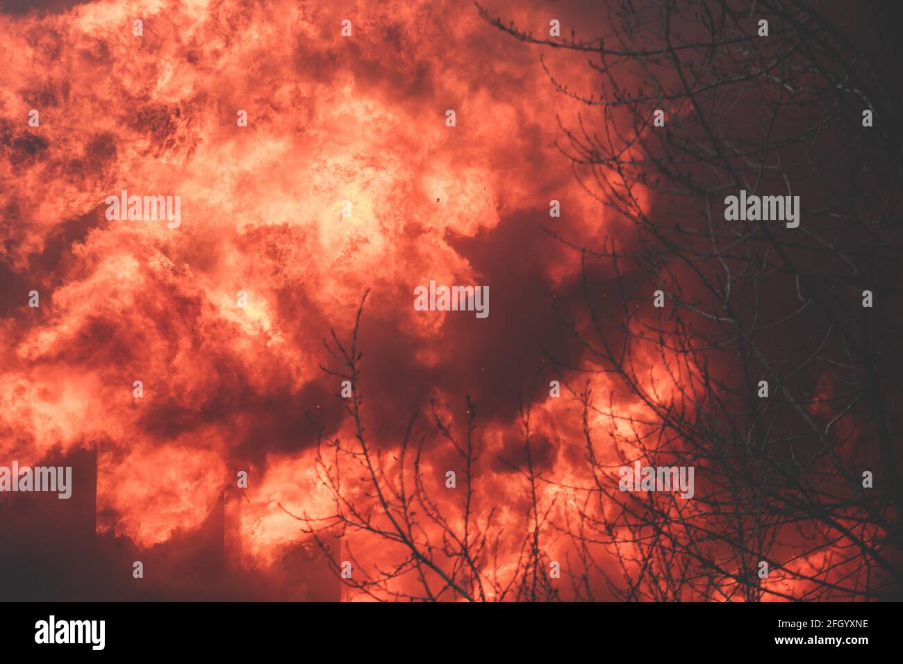Massive large major wildfire, bush blaze, a forest fire, with a burning ...