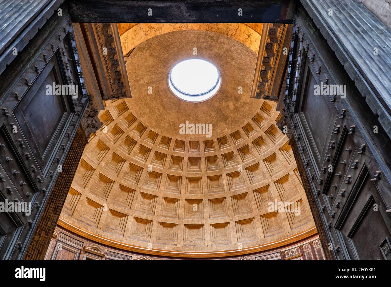 Italy, Rome, open doors to the Pantheon interior, dome with oculus in ...
