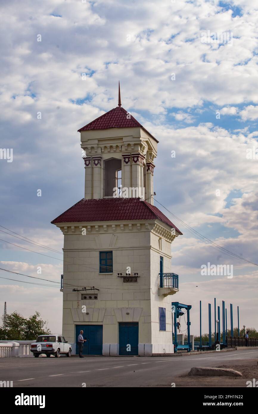 Tower building on Shardara river dam. Stalinist architecture style ...