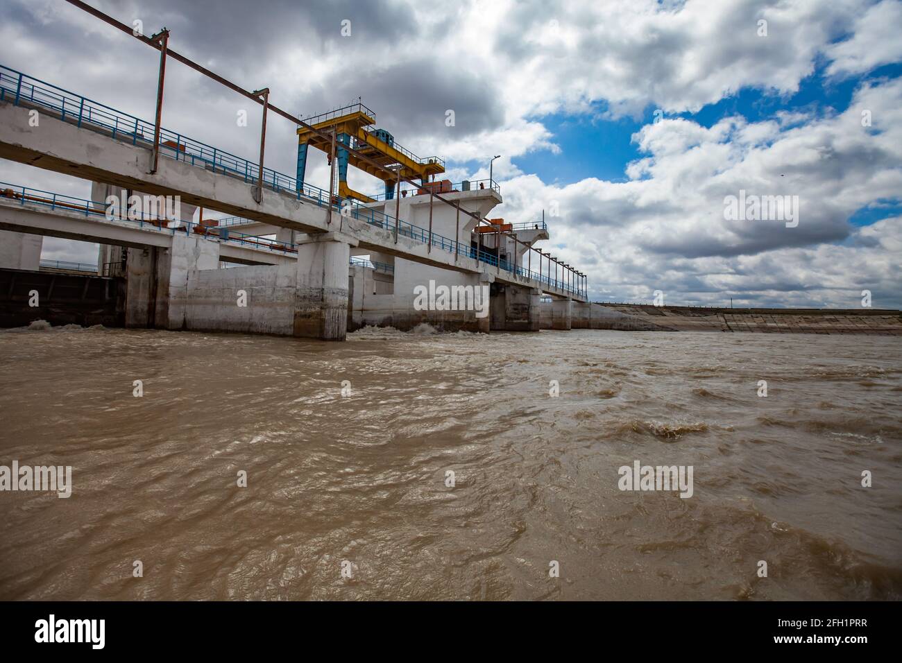 Hydraulic engineering. Shardara river dam near Kazaly city. Overhead ...