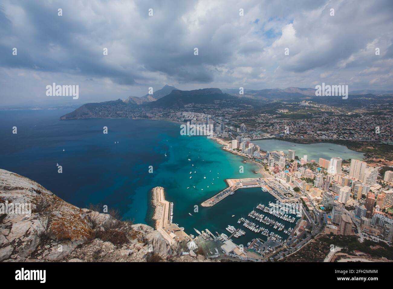 View of Calpe Calp town with Penon de Ifach mountain during the hiking ...