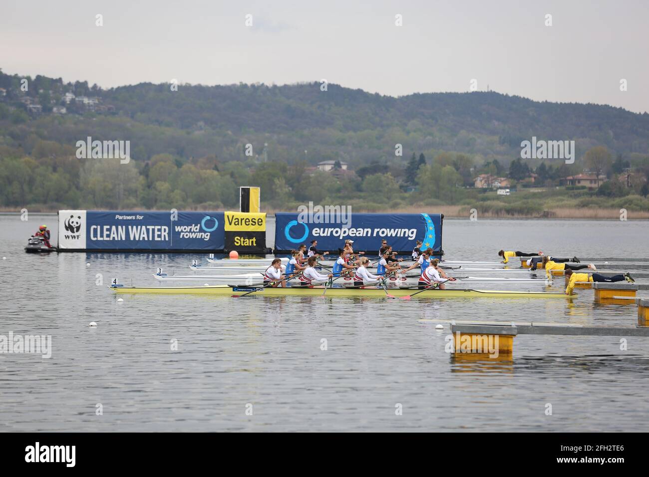 Starting line of the Women's Quadruple Sculls Repechage 2 on Day 2 at ...