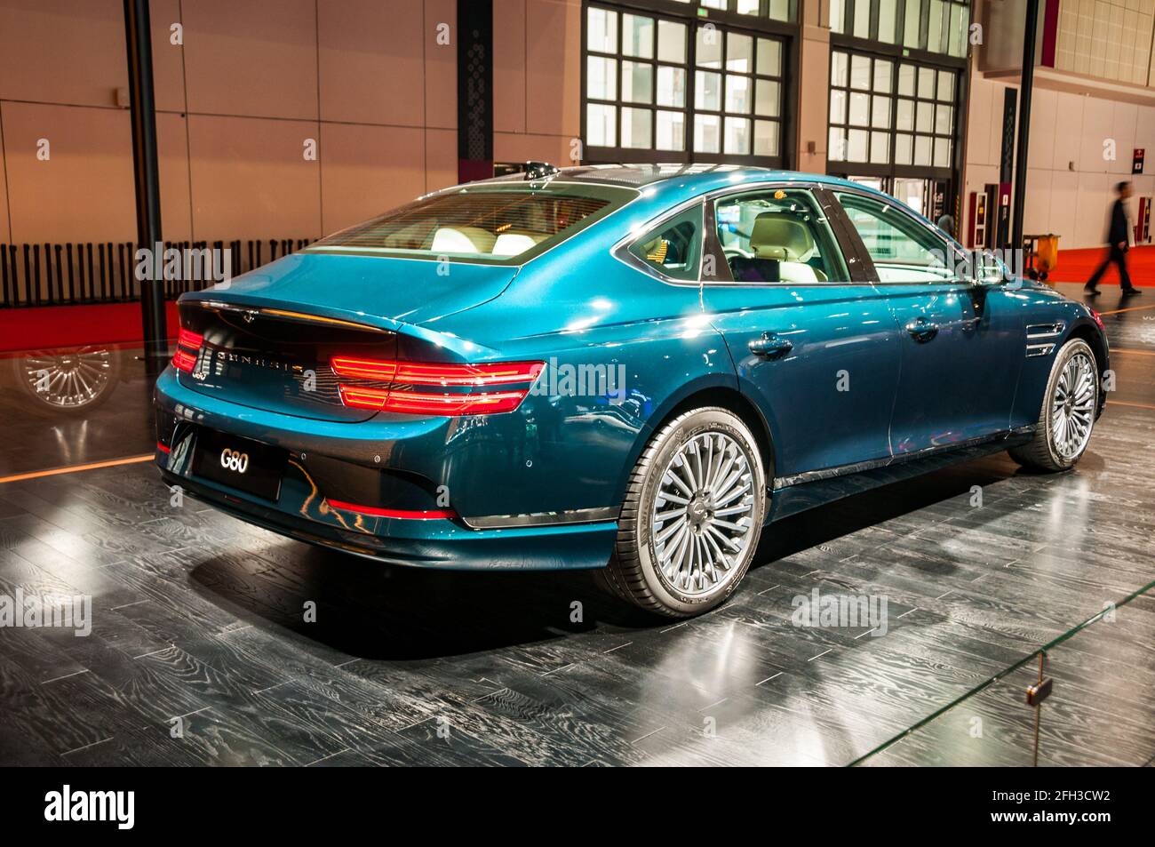 The new electrified version of the Genesis G80 on display at the 2021 ...