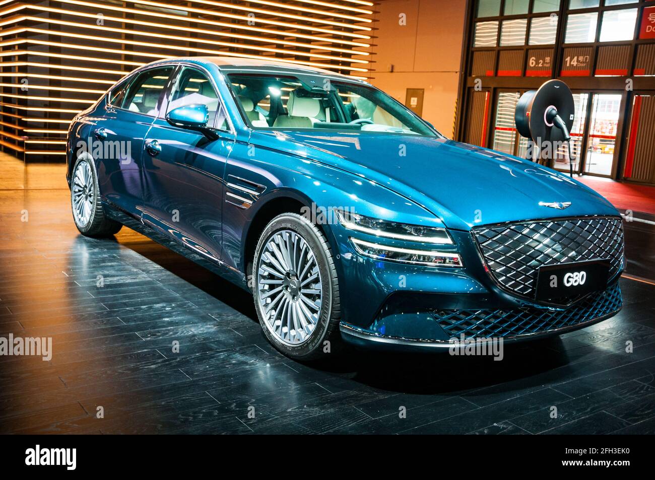 The new electrified version of the Genesis G80 on display at the 2021 ...