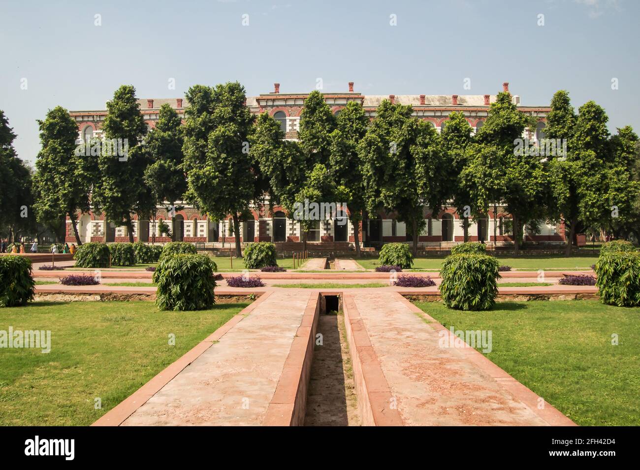 Formal gardens at the Red Fort in the Old Delhi sector. The fort is ...