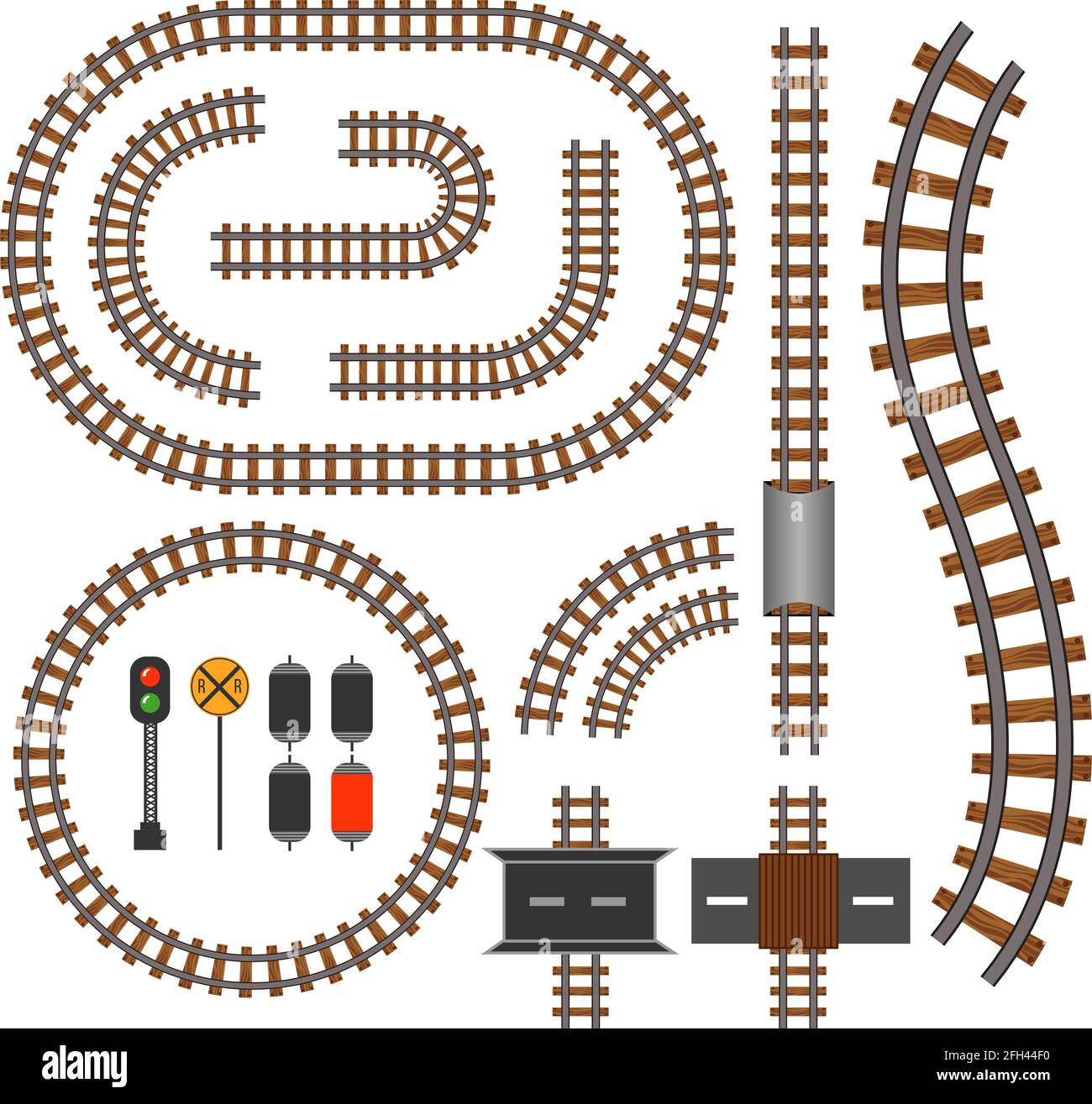 Vector railroad and railway tracks construction elements. Wavy trackway structure for traffic ...