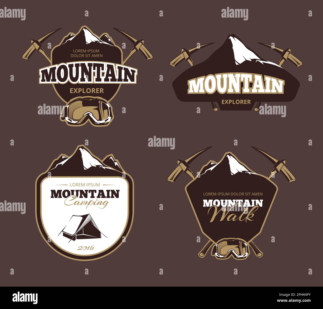 Mountain exploration retro vector emblems, labels, badges, logos set ...