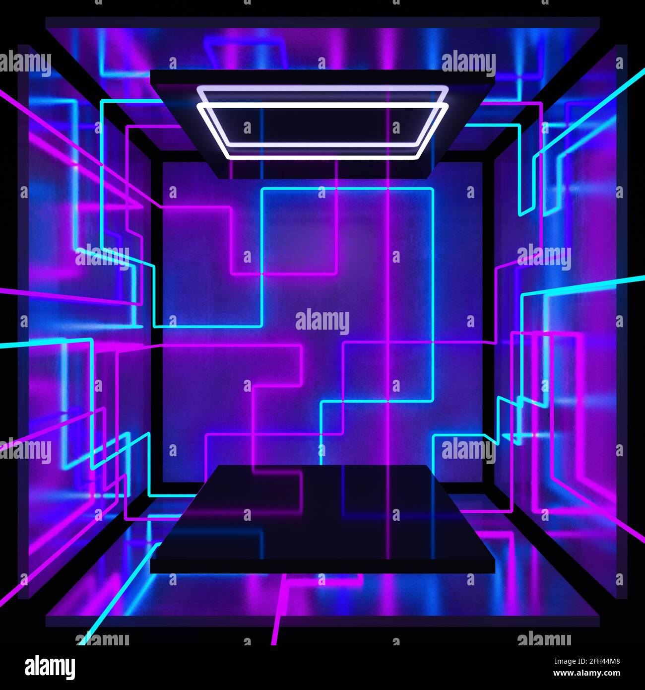 A cubic room with a glow of light on the walls. Shaped neon lines of ...