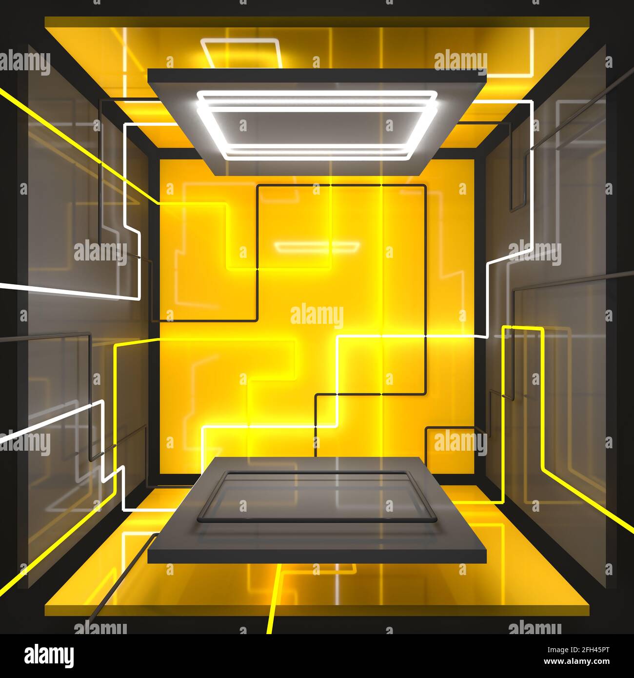 An empty square room with bright neon lights on the walls. The bottom ...