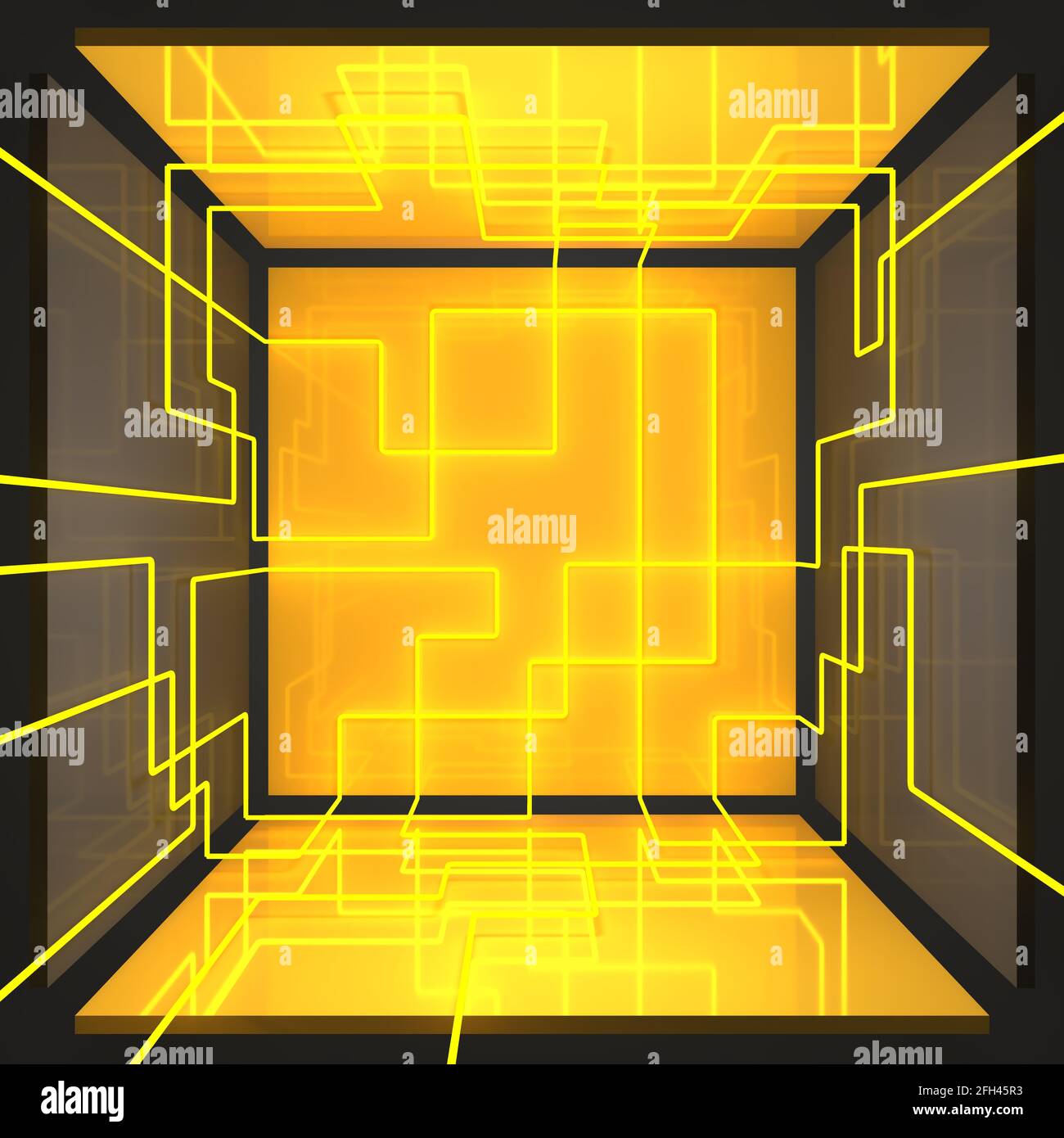Symmetrical bright box room with yellow and gray walls. Figured lines ...
