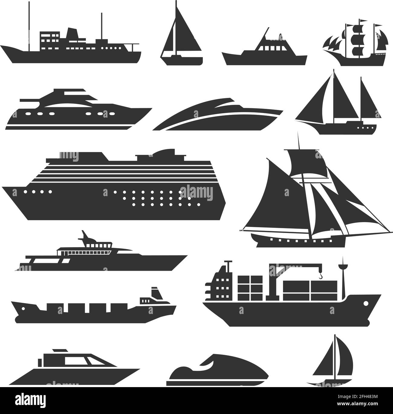 Ships and boats icons. Barge, cruise ship, shipping and fishing boat ...