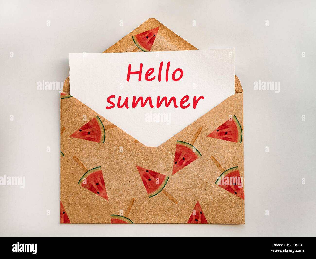 Hello Summer. Beautiful card. Closeup, top view. Congratulations for ...