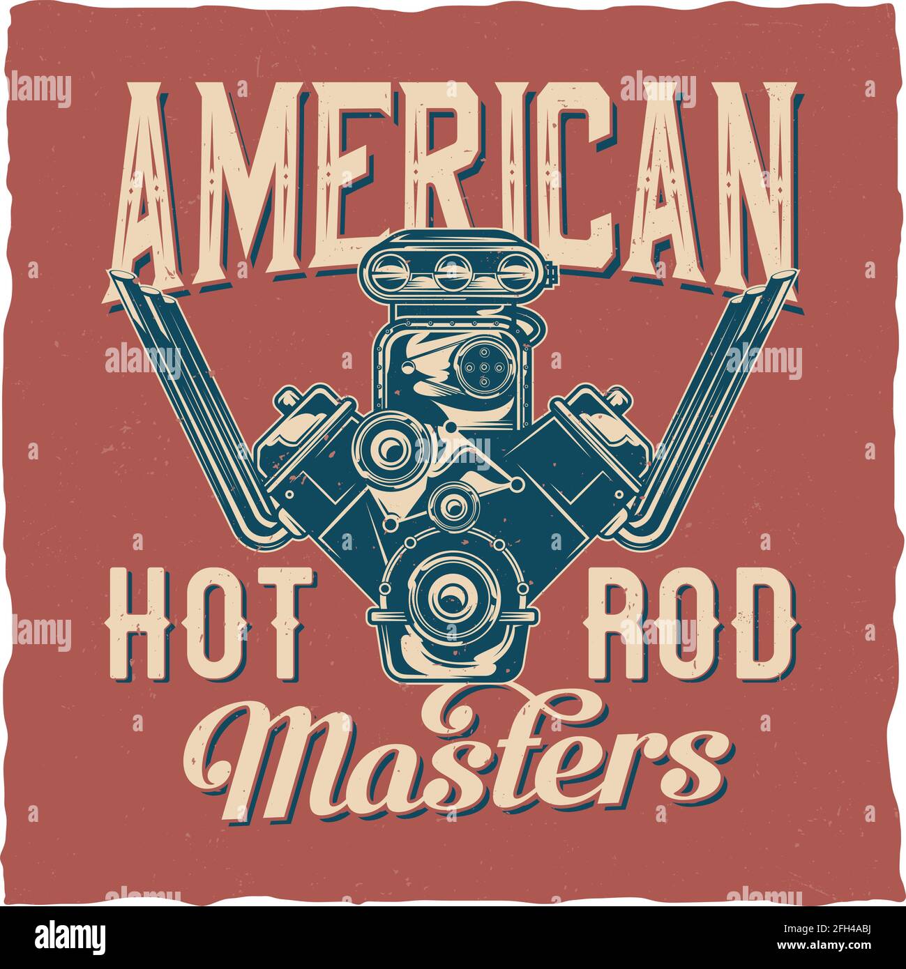 Hot Rod theme t-shirt label design with illustration of powerful engine ...