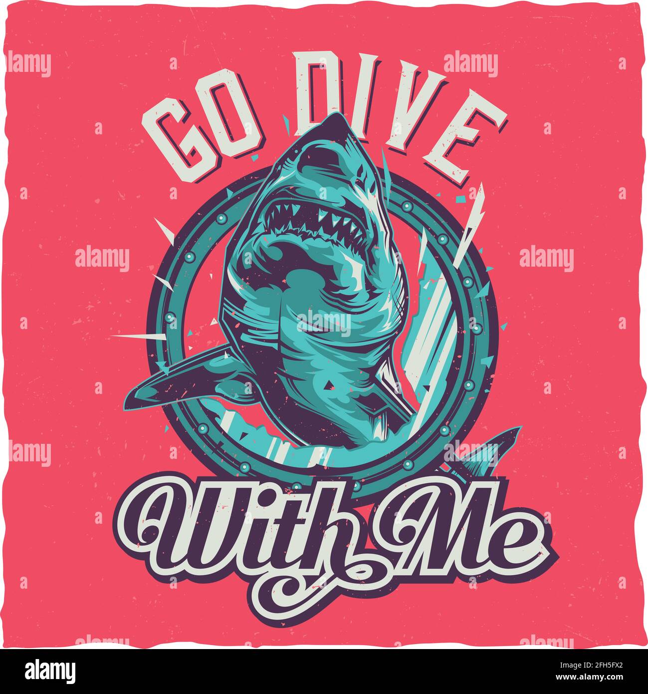 Nautical theme t-shirt label design with illustration of angry shark ...
