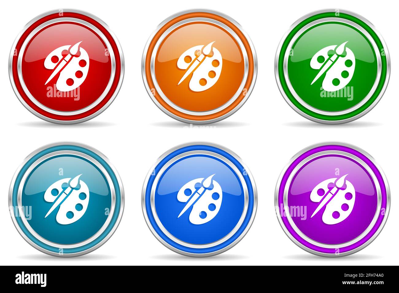 Paint brush, palette, art silver metallic glossy icons, set of modern ...